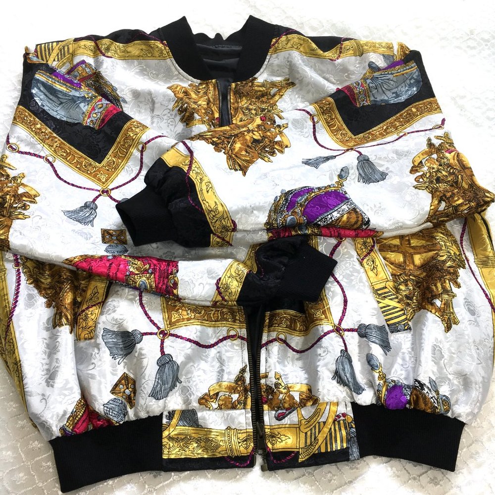 80’s Reversible Bomber Jacket Ornate Scarf Print Shiny - Gem
